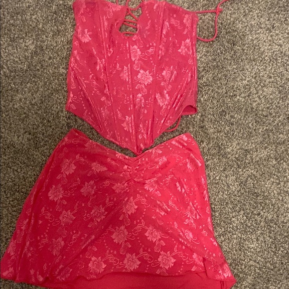 Outcast | Tops | Floral Laceup Red Top And Skirt Set | Poshmark
